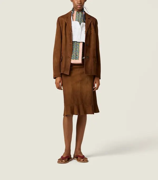 Miu Miu Waxed Suede Midi Skirt With Draped Hem