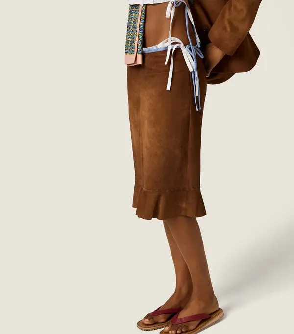 Miu Miu Waxed Suede Midi Skirt With Draped Hem