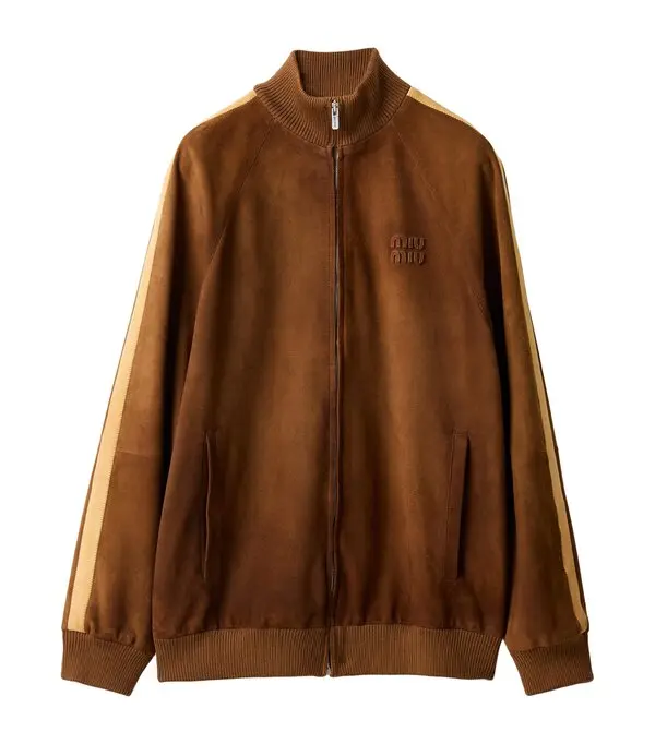 Miu Miu Waxed Suede Stripe Track Jacket - Brown