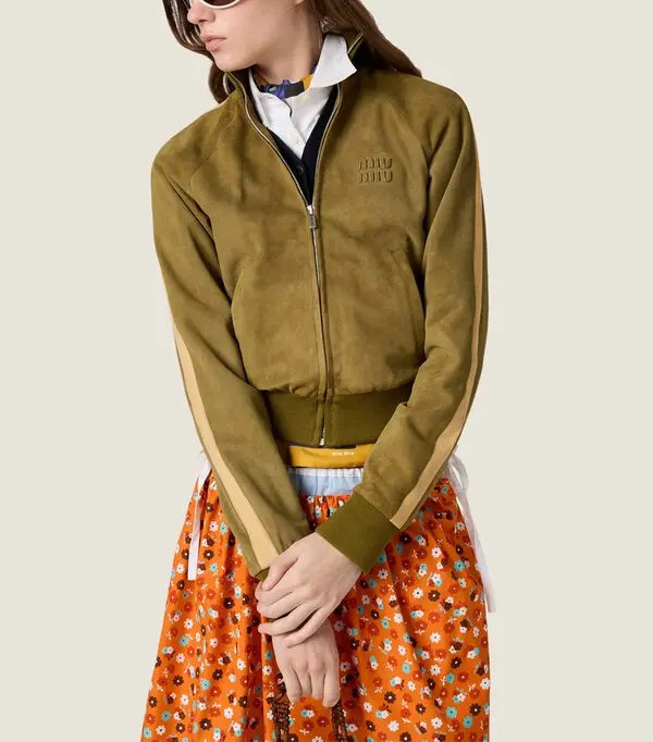 Miu Miu Waxed Suede Stripe Track Jacket - Green