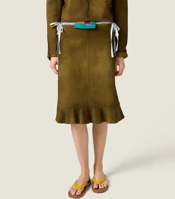 Miu Miu Waxed Suede Midi Skirt - Green
