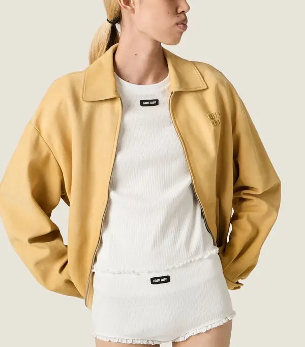 Miu Miu Waxed Suede Blouson Jacket With Logo Detail