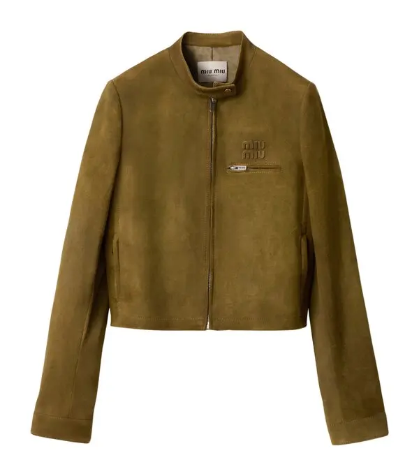 Miu Miu Waxed Suede Moto Jacket - Green