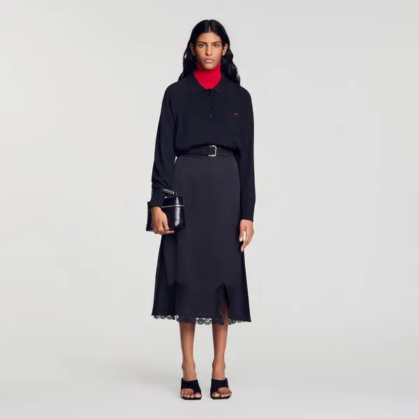 Sandro Mixed-material Lace Midi Skirt - Black