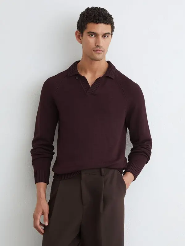 REISS Ashdown Cotton Open-collar Polo Jumper