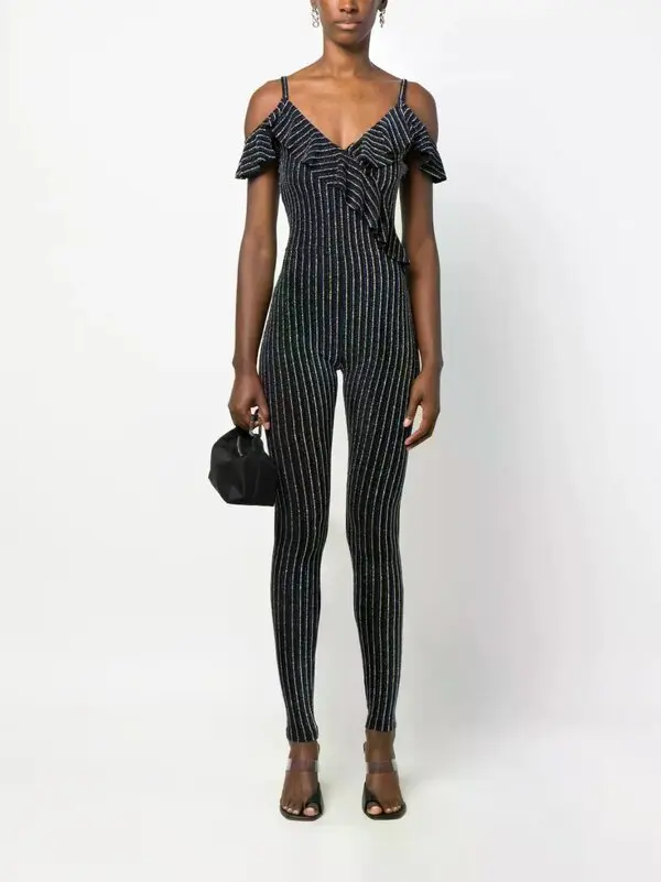 Dsquared2 Ruffled Glitter-stripes V-neck Jumpsuit - Black