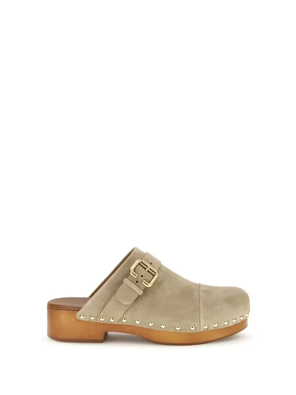 Chloé Jeannette Suede Clog Mules With Gold Buckle Detail - Cream