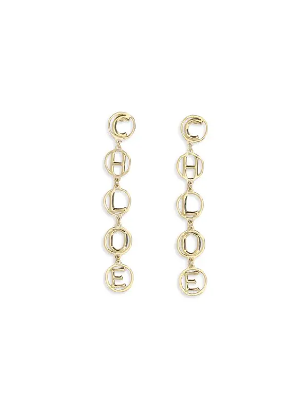 Chloé Script Drop Earrings In Vintage Brass - Gold