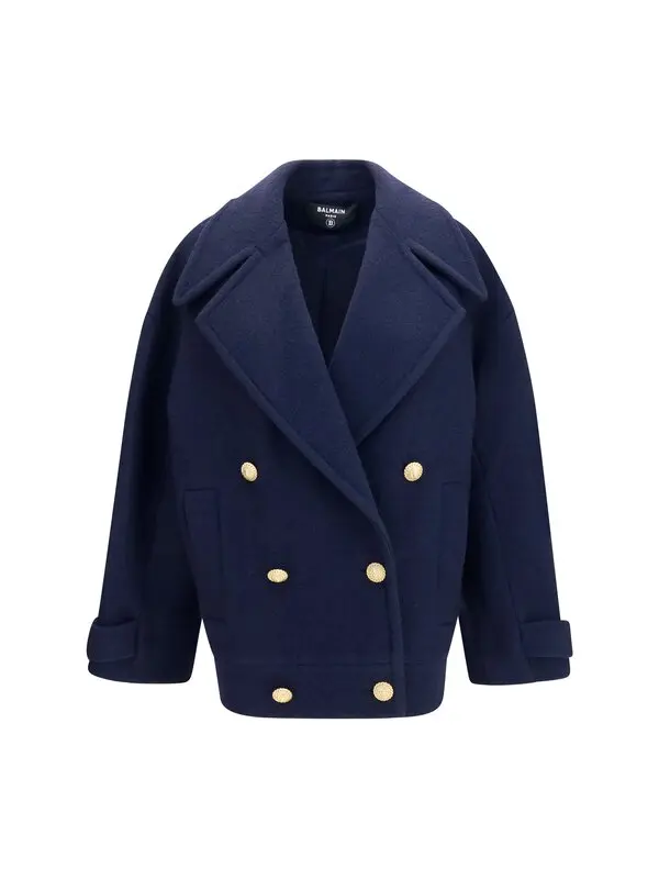 Balmain Double-breasted Wool Coat With Lion Button Embellishments - Blue