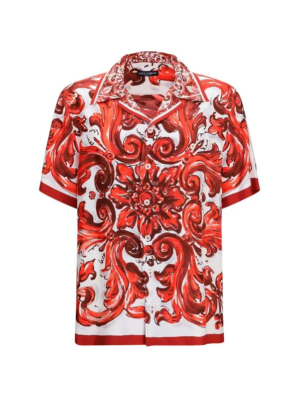 Dolce & Gabbana Maiolica Print Hawaii Shirt In Silk Twill - Red