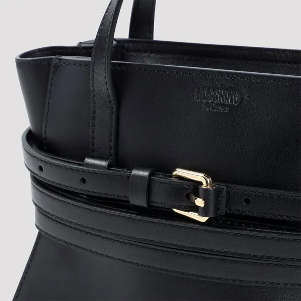 Moschino Belted Calfskin Leather Handbag - Black