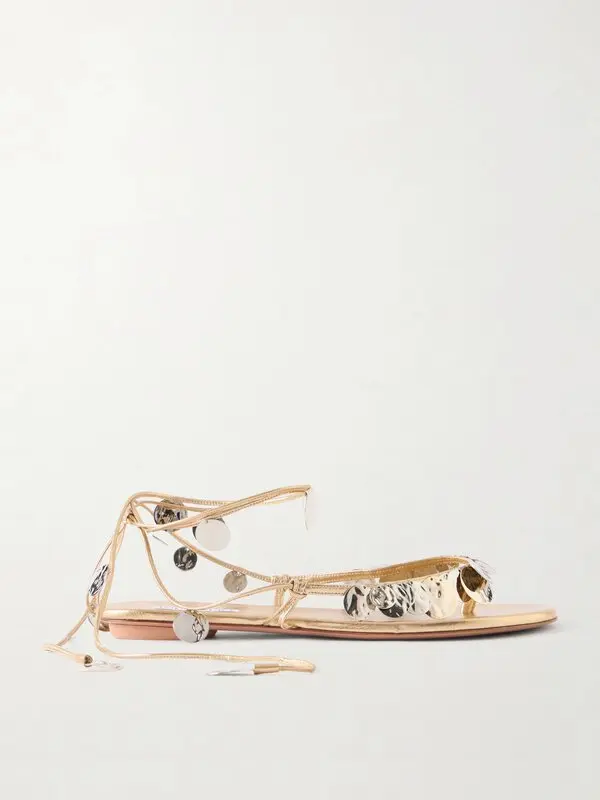 AQUAZZURA Florin Embellished Leather Thong Sandals - Gold