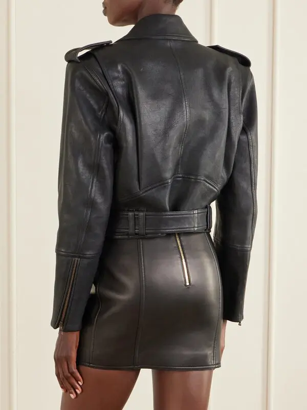 Balmain Cropped Belted Leather Biker Jacket