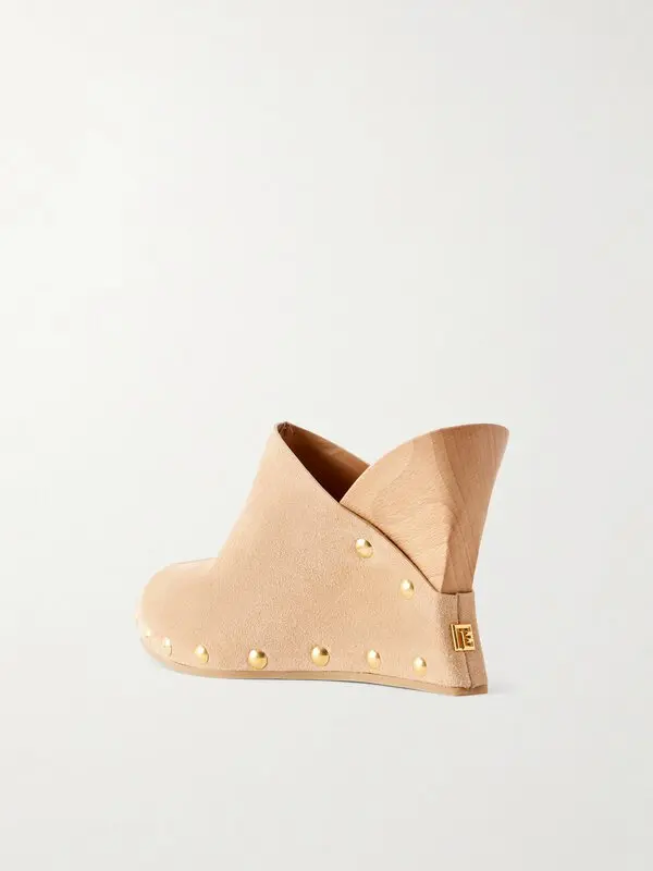 Balmain Suede Wedge Clogs With Gold-tone Studs