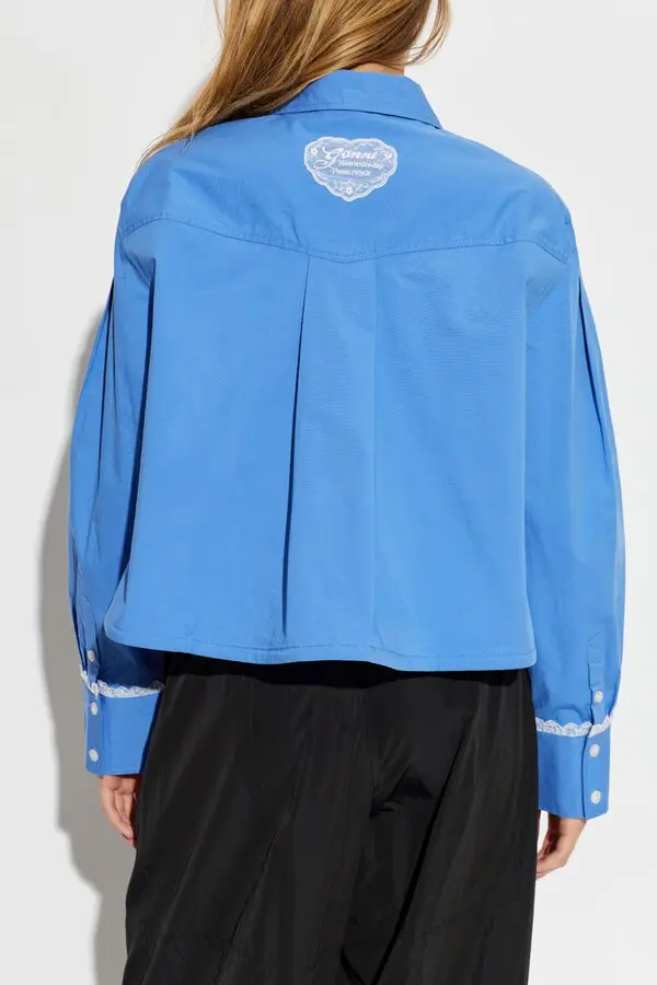 GANNI Cropped Oversized Shirt With Pocket And Lace Cuffs