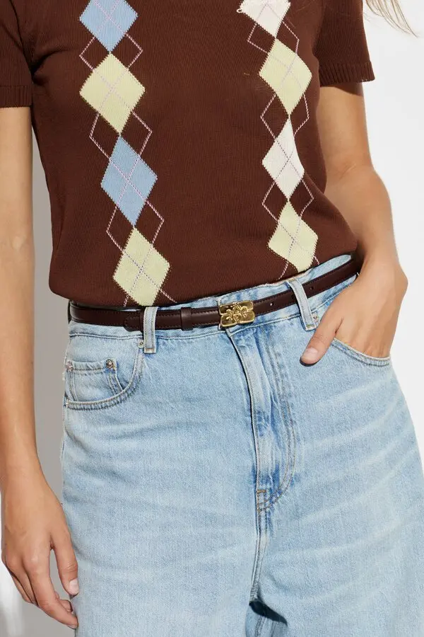 GANNI Eco Leather Skinny Belt With Gold Buckle