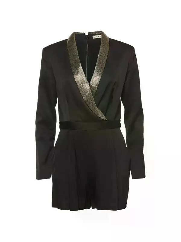 Alice + Olivia Kyrie Satin Romper With Beaded Collar - Black