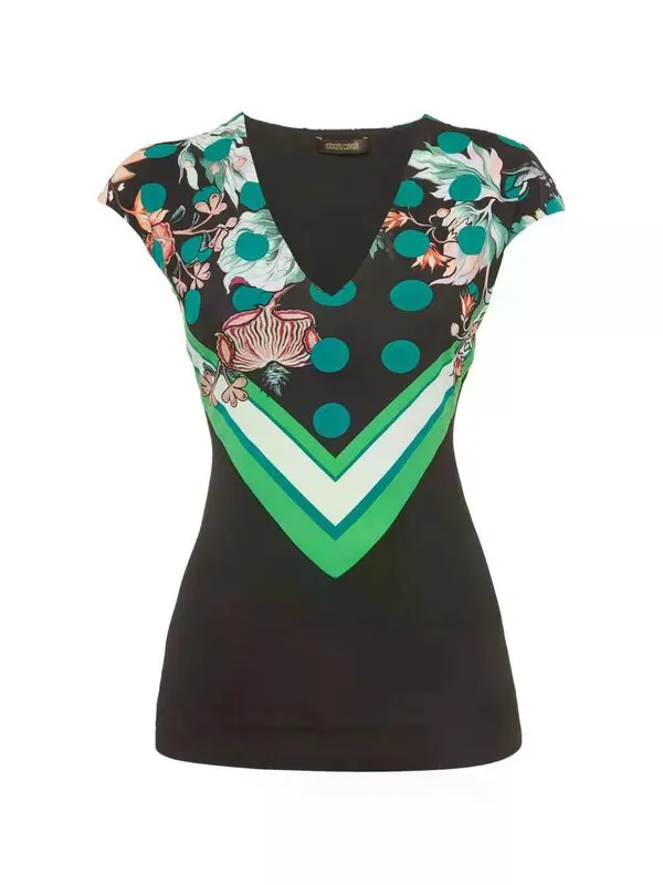 Roberto Cavalli Floral Print And Polka Dot V-neck Cap Sleeve Top