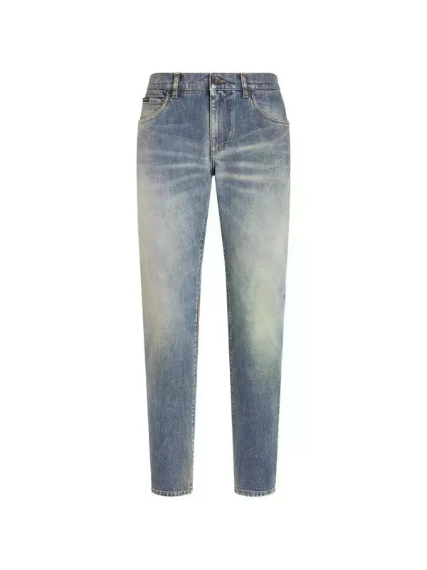 Dolce & Gabbana Slim Fit Logo Plaque Denim Trousers - Blue