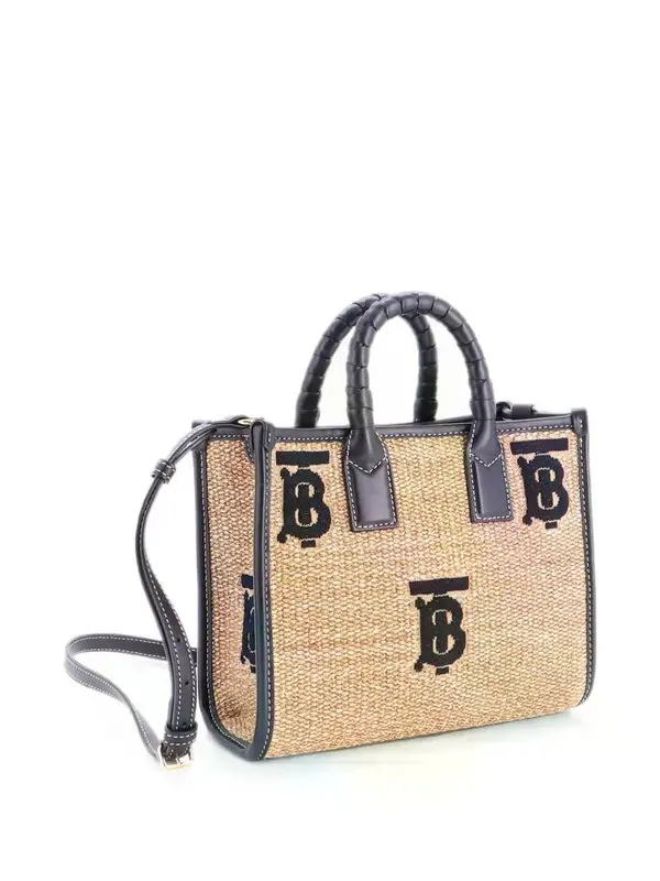 Burberry Freya Shopping Embroidered Raffia With Leather Mini Tote Bag