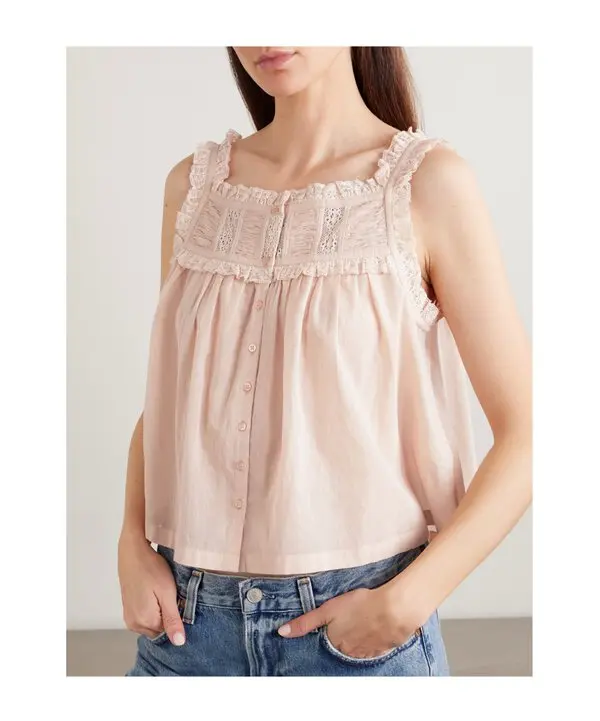 DÔEN Fidella Cropped Lace-trimmed Organic Cotton Voile Top - Pink