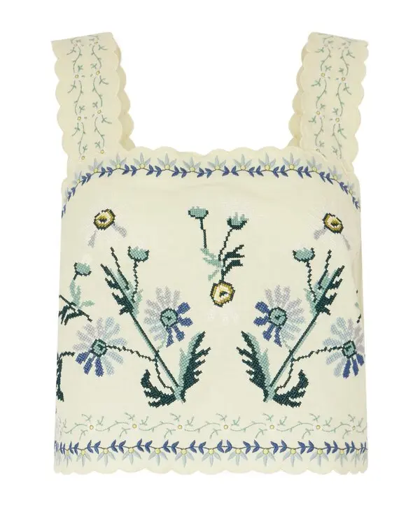 Sea Linen-blend Embroidered Top - No