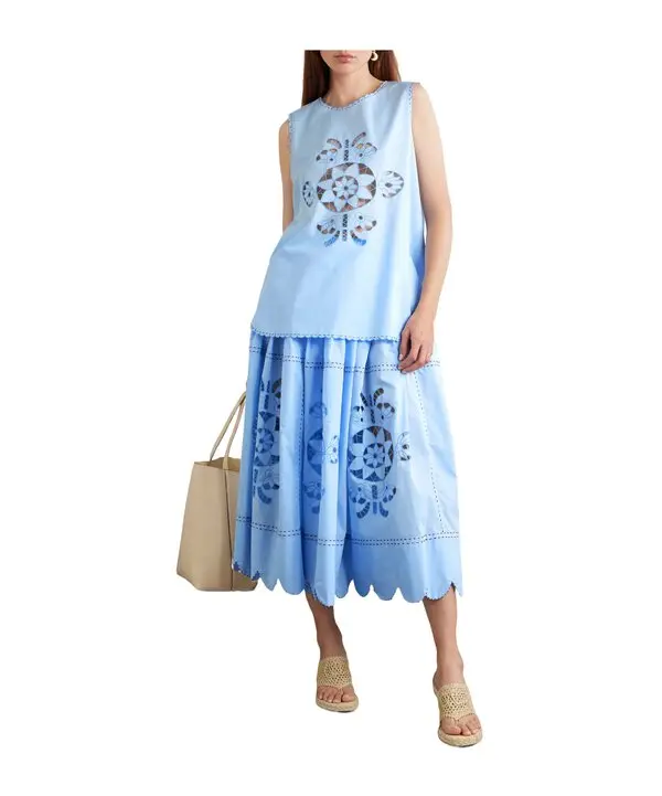 Vita Kin Havana Scalloped Broderie Anglaise Cotton-poplin Tank - Blue