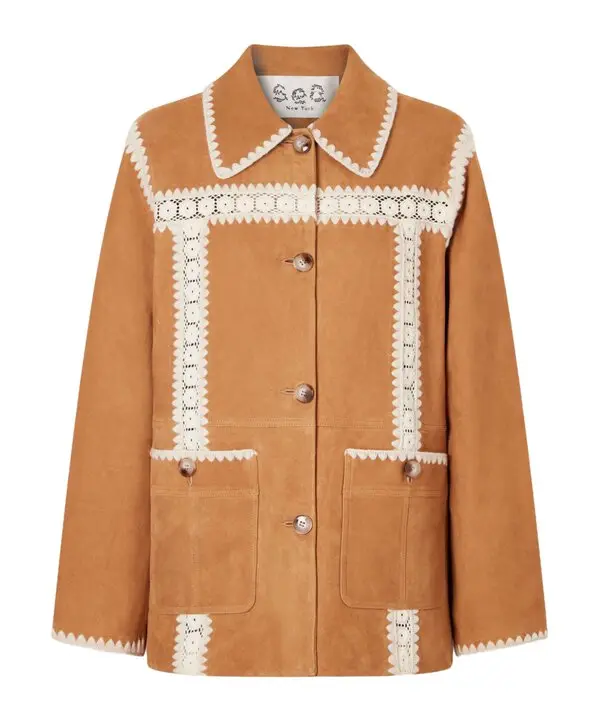 Sea Embroidered Suede Jacket With Crochet Trims