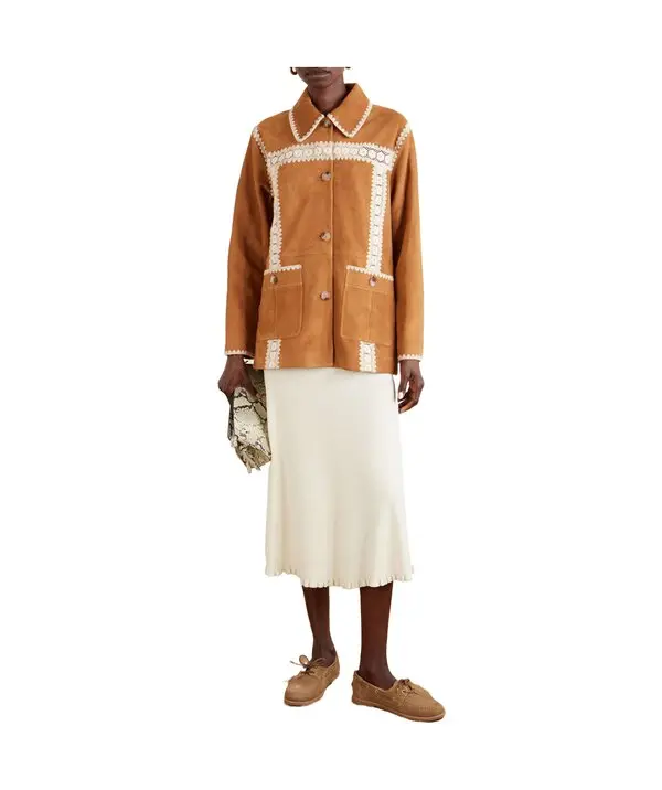 Sea Embroidered Suede Jacket With Crochet Trims