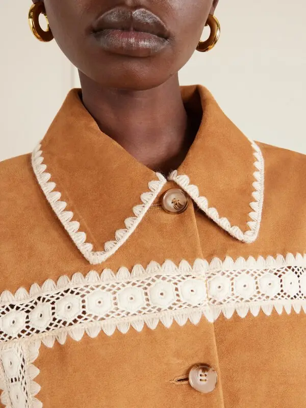 Sea Embroidered Suede Jacket With Crochet Trims