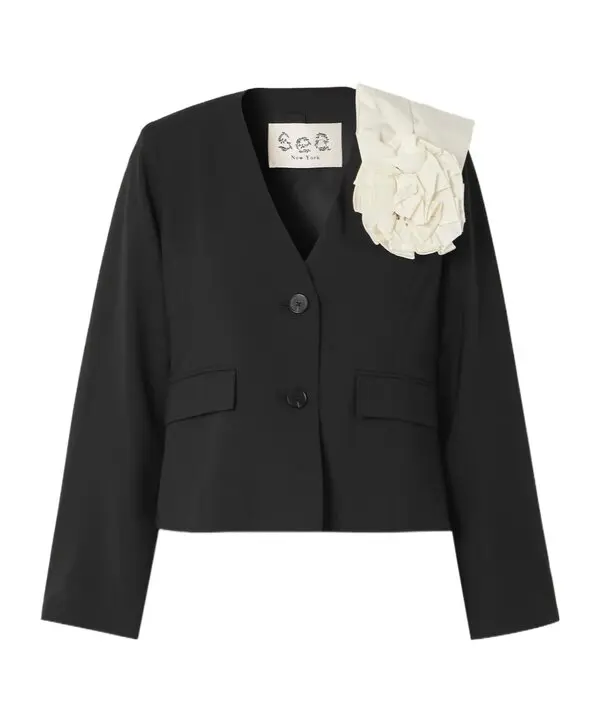 Sea Cropped Blazer With Fabric Flower Appliqu
