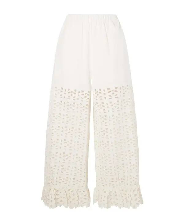 Sea Cotton And Linen-blend Wide-leg Pants With Broderie Anglaise - White
