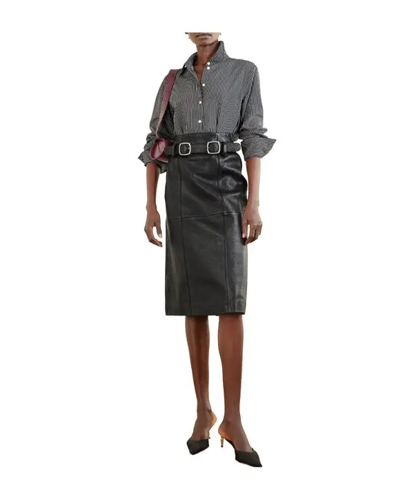 Sea Gwen Belted Paneled Textured Leather Midi Skirt
