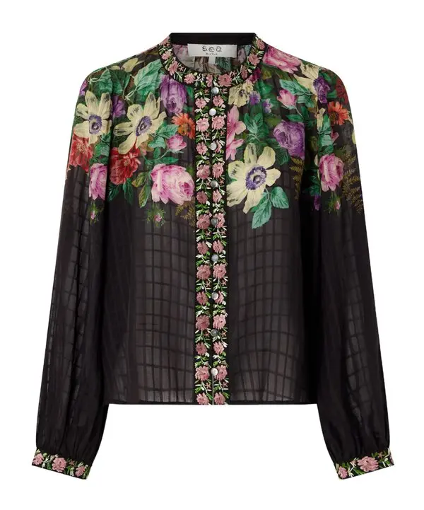 Sea Viktoria Embroidered Floral-print Voile Blouse - Black
