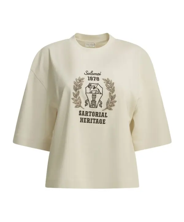 Brunello Cucinelli Cotton Jersey T-shirt With Embroidery - Nude