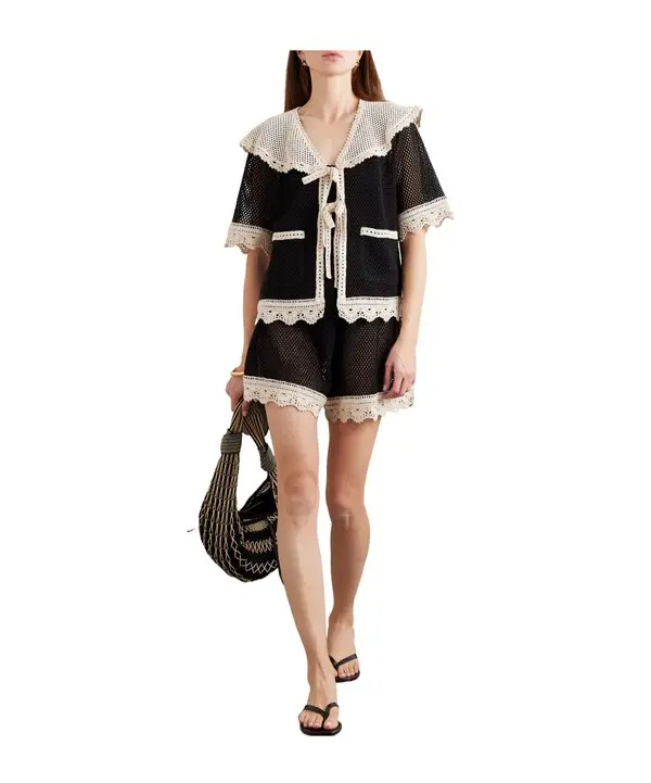 Sea Kendall Crochet-trimmed Open-knit Cotton Shorts - Black