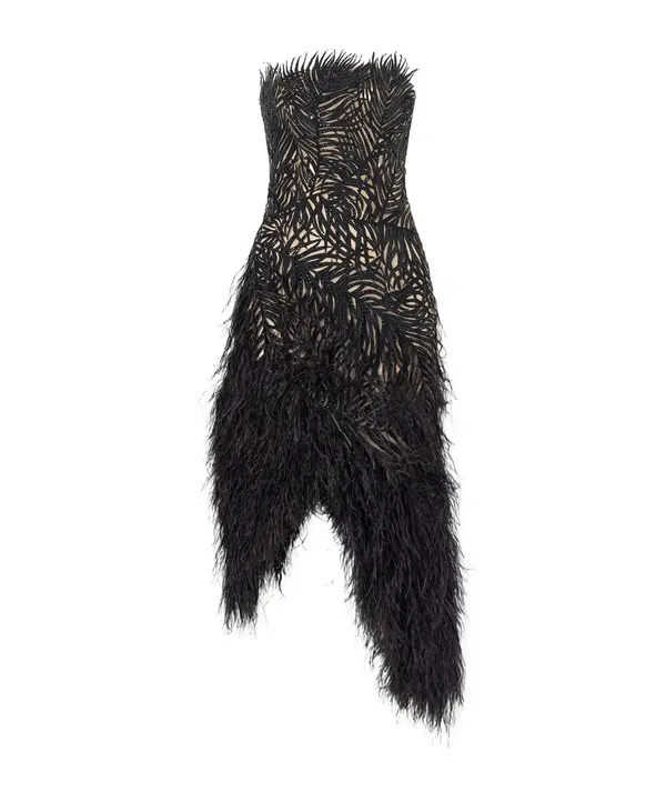 Oscar De La Renta Strapless Feather-trimmed Embroidered Mesh Mini Dress - Black