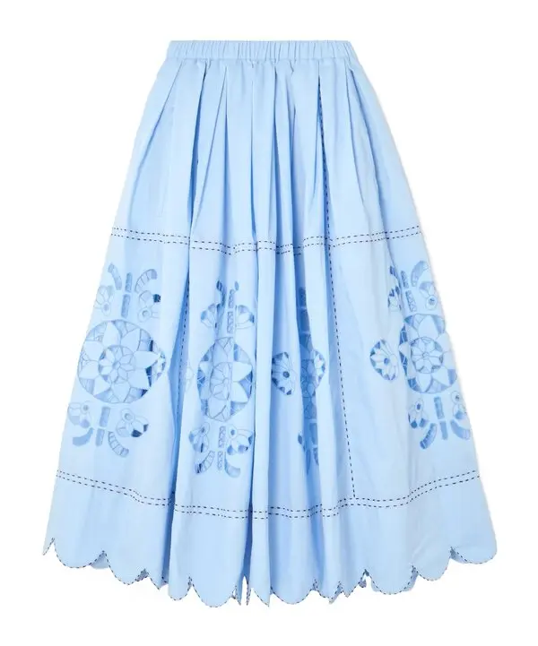Vita Kin Scalloped Pleated Broderie Anglaise Cotton-poplin Midi Skirt - Blue