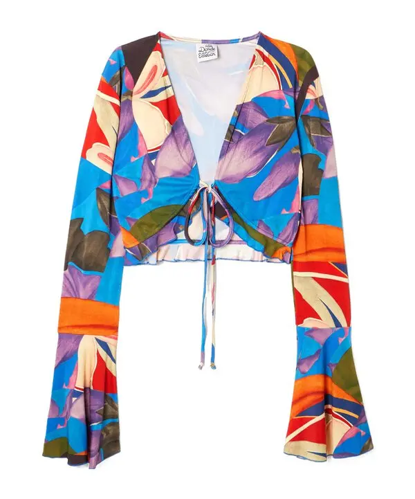 DONDE ESTEBAN Cropped Tie-detailed Floral-print Jersey Top - Multicolor