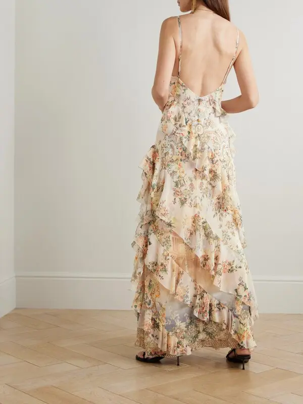 Camilla Lace-trimmed Ruffled Floral-print Silk-chiffon Maxi Dress - No