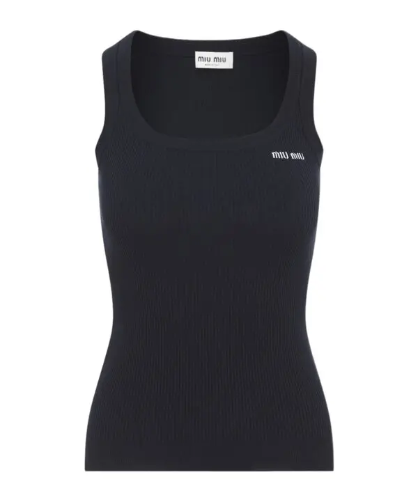 Miu Miu Ribbed Knit Tank Top With Embroidered Logo - Blue