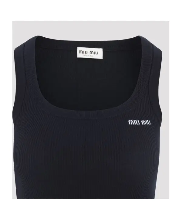 Miu Miu Ribbed Knit Tank Top With Embroidered Logo - Blue
