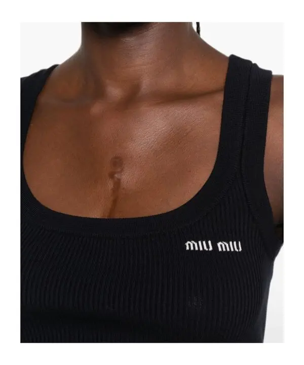 Miu Miu Ribbed Knit Tank Top With Embroidered Logo - Blue