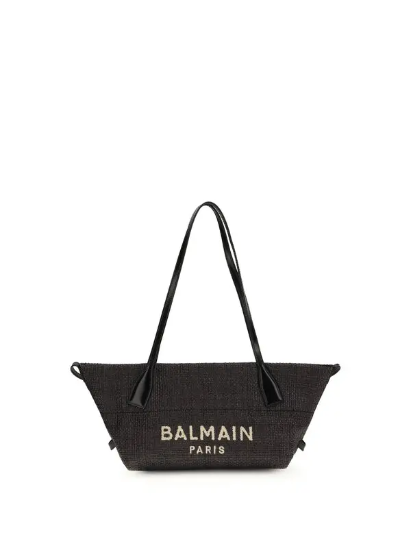 Balmain Calfskin And Raffia Track Shoulder Bag - Black