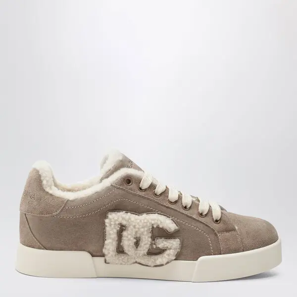 Dolce & Gabbana Portofino Light Sneakers In Calf Leather And Shearling - Brown