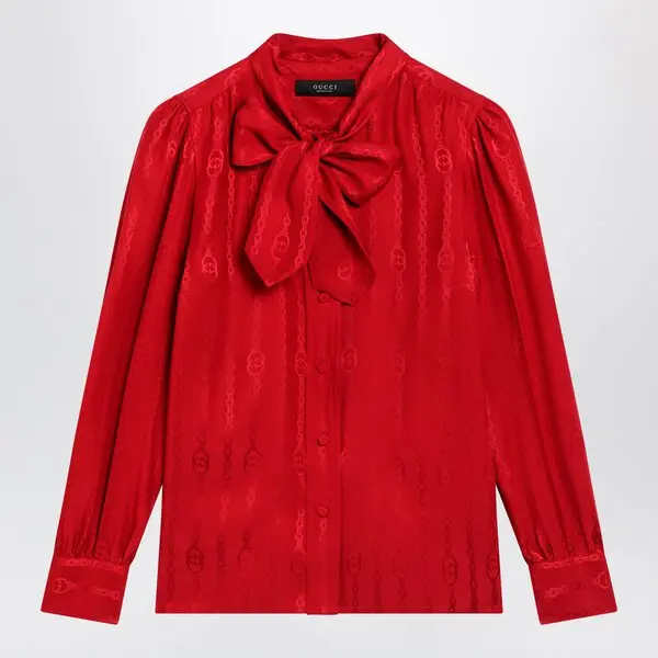 Gucci Silk Jacquard Shirt With Interlocking Gg Chain Motif - Red