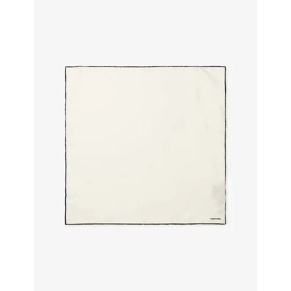 TOM FORD Contrast-border Logo Silk Pocket Square - White