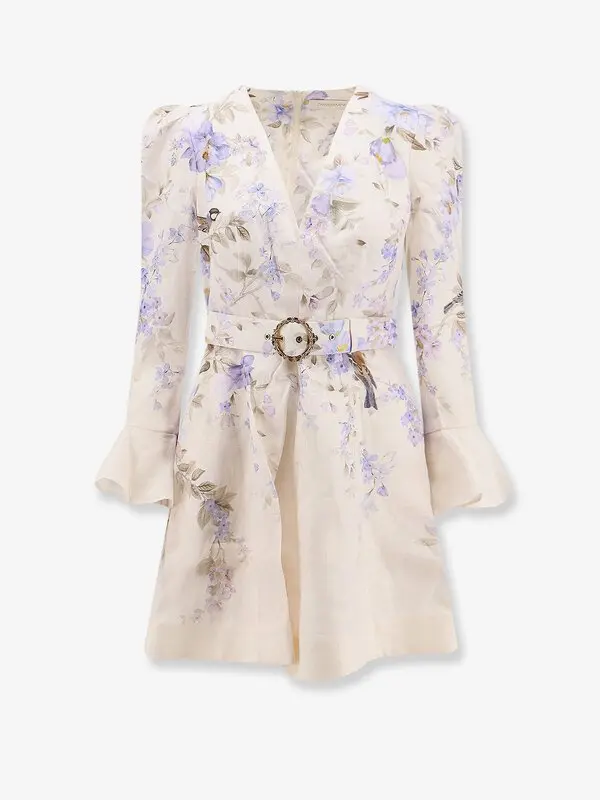 Zimmermann Luna Short Linen Dress With Songbird Print - Blue