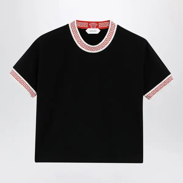 Versace Stretch Cotton Jersey T-shirt With Greca Motif - Black