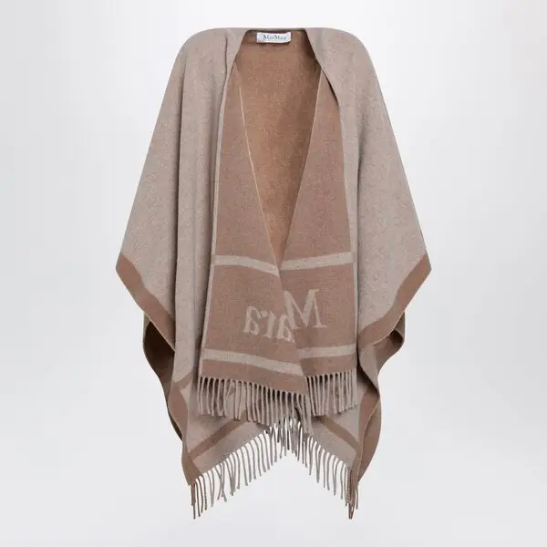 Max Mara Jacquard Poncho With Fringes In Sand-colored Wool - Cream